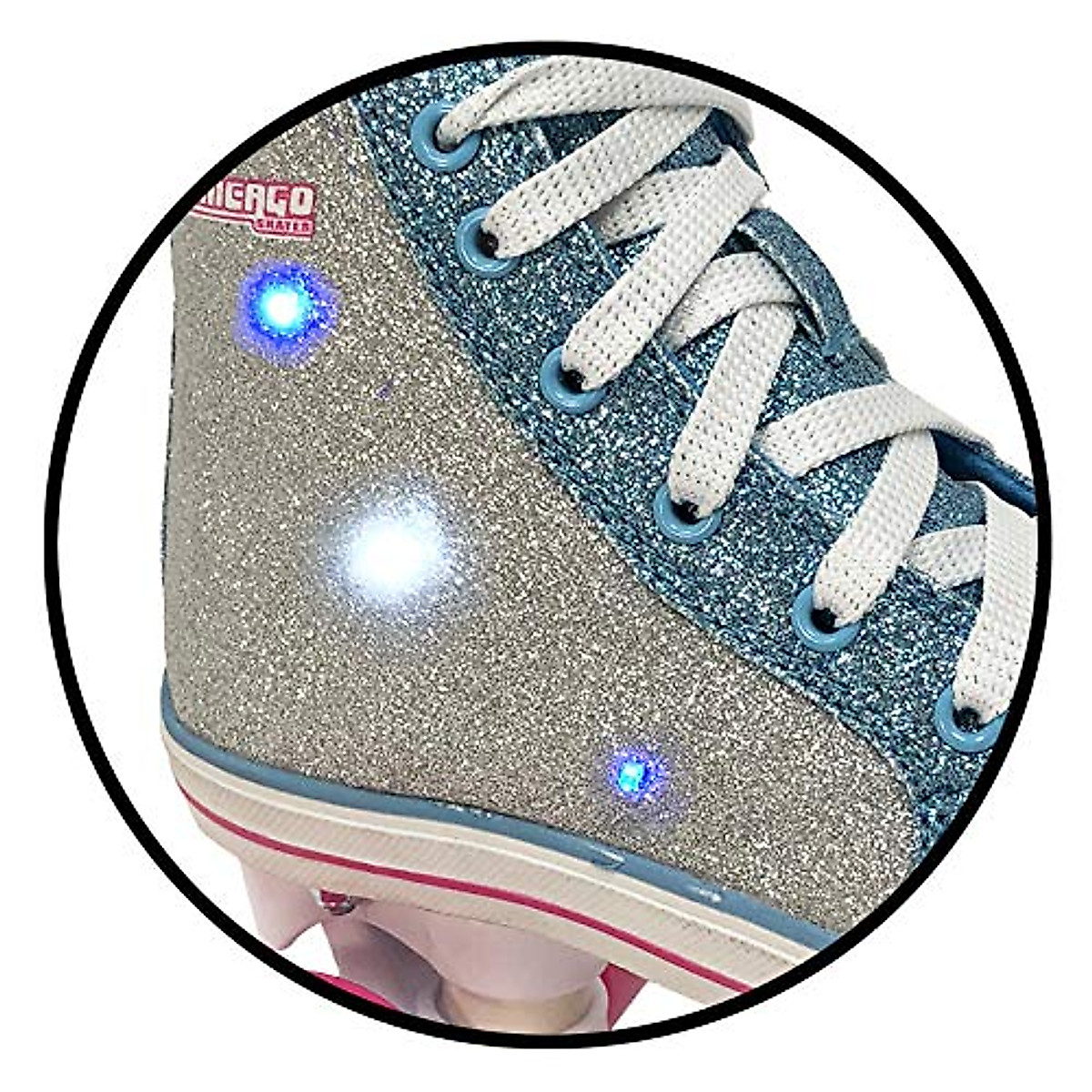 Chicago Skates Girls Fashion Quad Skates with Flashing Lights - Glitter Silver/Teal/Pink - Size 2
