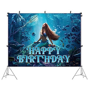 2023 Little Mermaid Party Supplies,Backdrop Photo Prop 7 x 5 FT Birthday Banner for Party Decor Black Little Mermaid Ariel Backgrounds Props