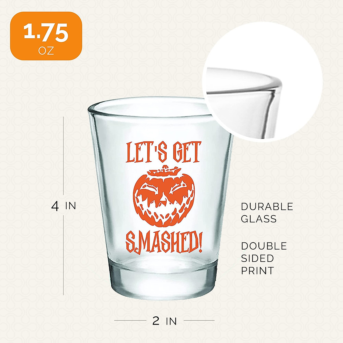 Let's Get Smashed Halloween Shot Glasses - Set of 12 Glass Decor Cups, Double Sided Print - Clear Decorative Drinking Glassware for Tequila, Vodka, Liquor Drinks - Barware for Themed Party (Orange)