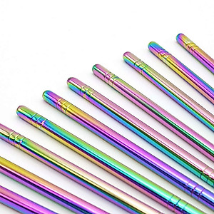 Rainbow 304 Stainless Steel Chopsticks -Reusable Multicolor Lightweight Stainless Steel Polished Chopsticks - Metal Chopsticks 5 Pairs Set with Case as Present Gift Fit Kitchen Dinner (Round Rainbow)