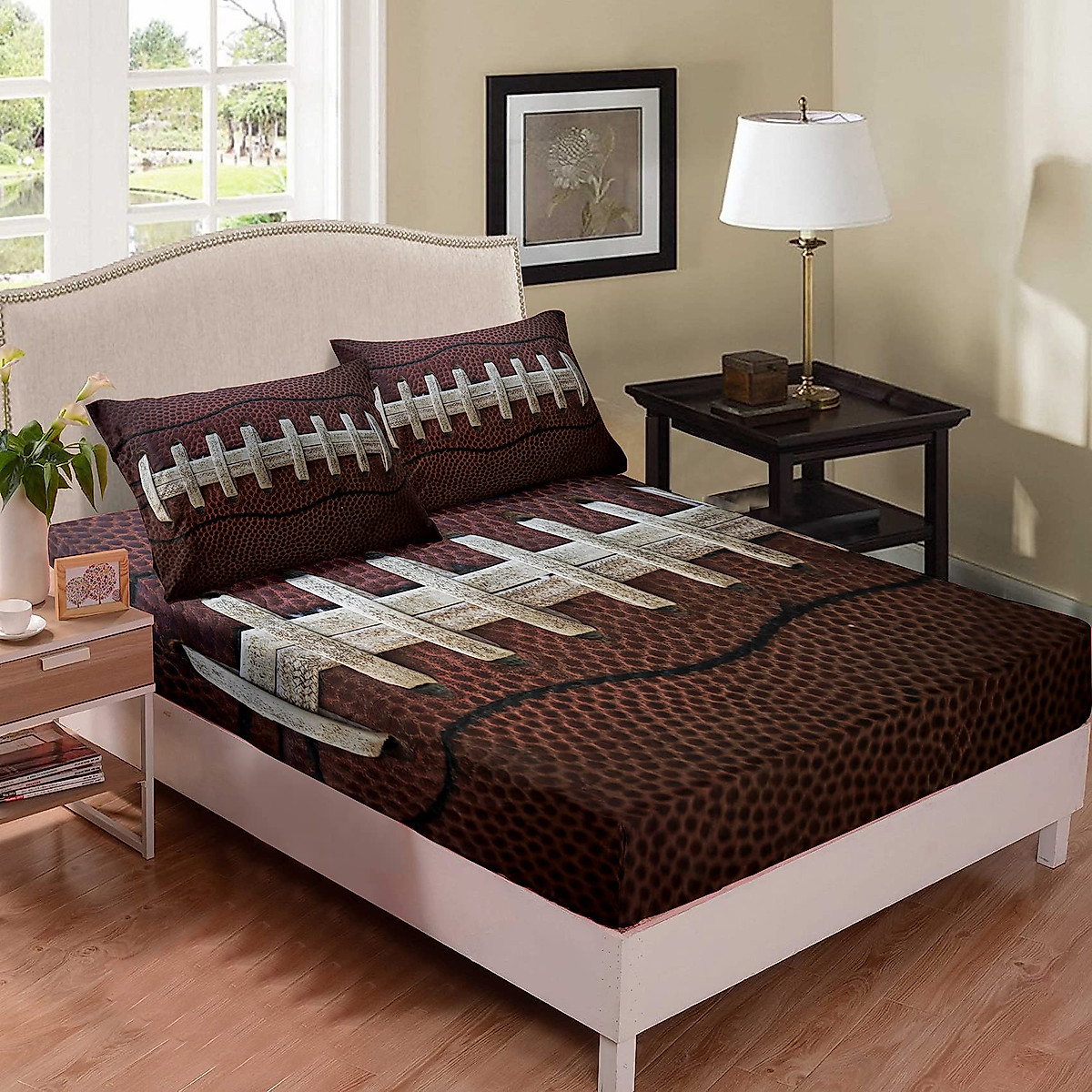 Tailor Shop Sports Football Fitted Sheet Set for Boys Kids Teens ，Brown Rugby Theme Sheet Set Twin Size with 1 Fitted Sheet 1 Pillow Sham………