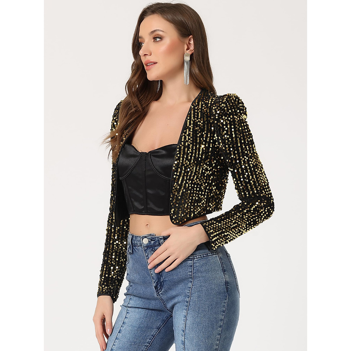 Allegra K Women's Sequin Shrug Open Front Collarless Christmas Glitter Sparkly Crop Blazer Jacket Small Black Gold