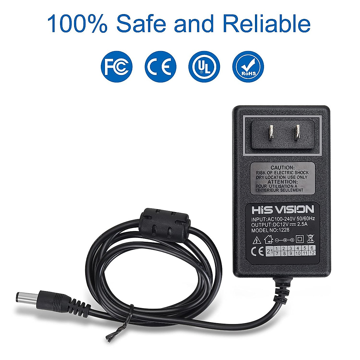 HISVISION Security Camera Power Supply Adapter 12V 2.5A 100V-240V AC to DC with 4-Way Power Splitter Cable -Fits CCTV Camera DVR NVR Surveillance System