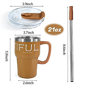 21 oz Insulated Coffee Mug Tumbler with Handle, Stainless Steel Travel Mug Tumbler with Lid and Straw, Coffee Travel Mug Spill Proof with Lid for Keep Hot/Ice Coffee, Brown