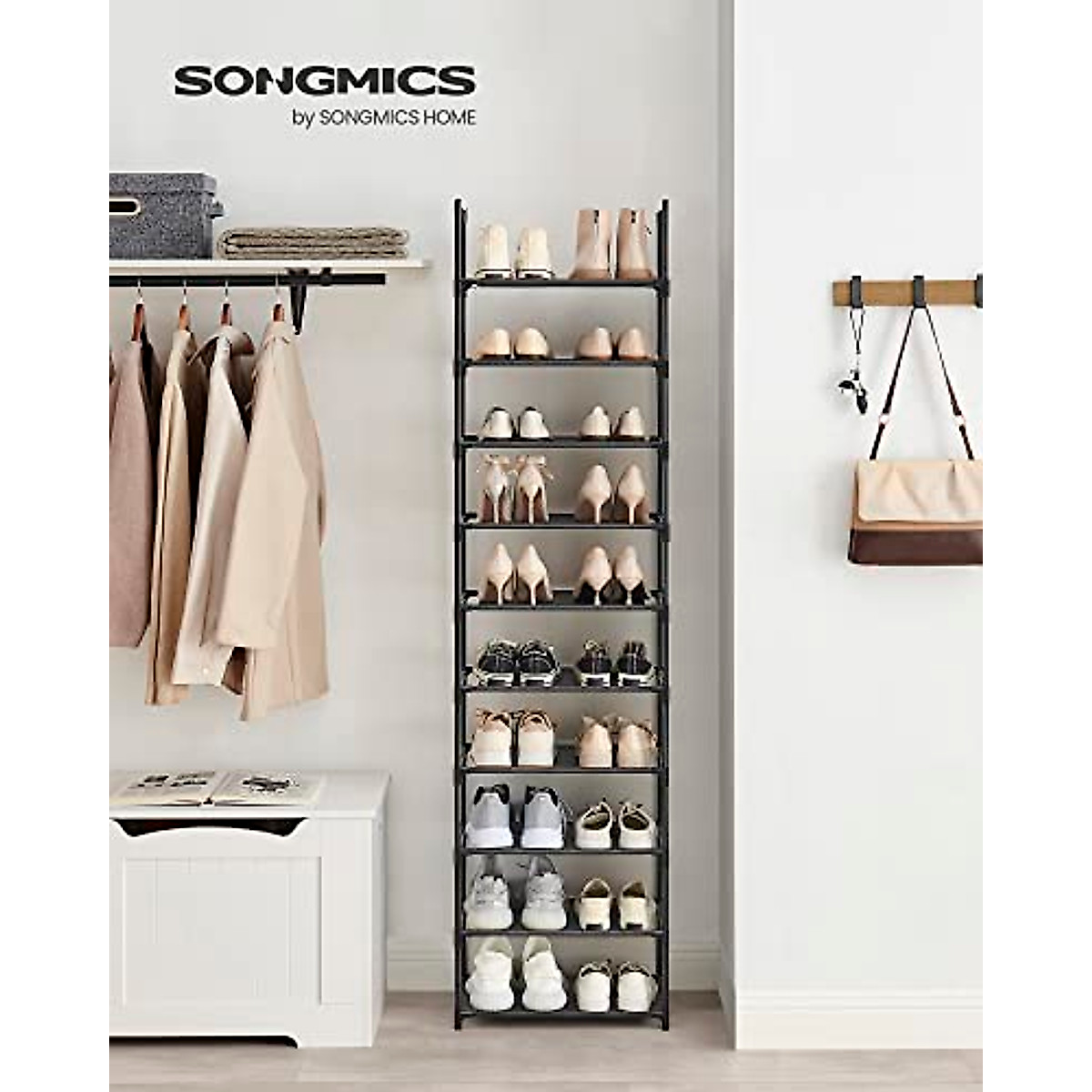 SONGMICS Shoe Rack, 10 Tier Shoe Shelf, Shoe Storage Organizer, Space-Saving, 11 x 17.7 x 68.1 Inches, Metal Frame, Non-Woven Fabric Shelves, for Entryway, Bedroom, Black ULSH010B02
