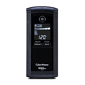 CyberPower CP1000AVRLCD Intelligent LCD UPS System, 1000VA/600W, 9 Outlets, AVR, Mini-Tower, Black