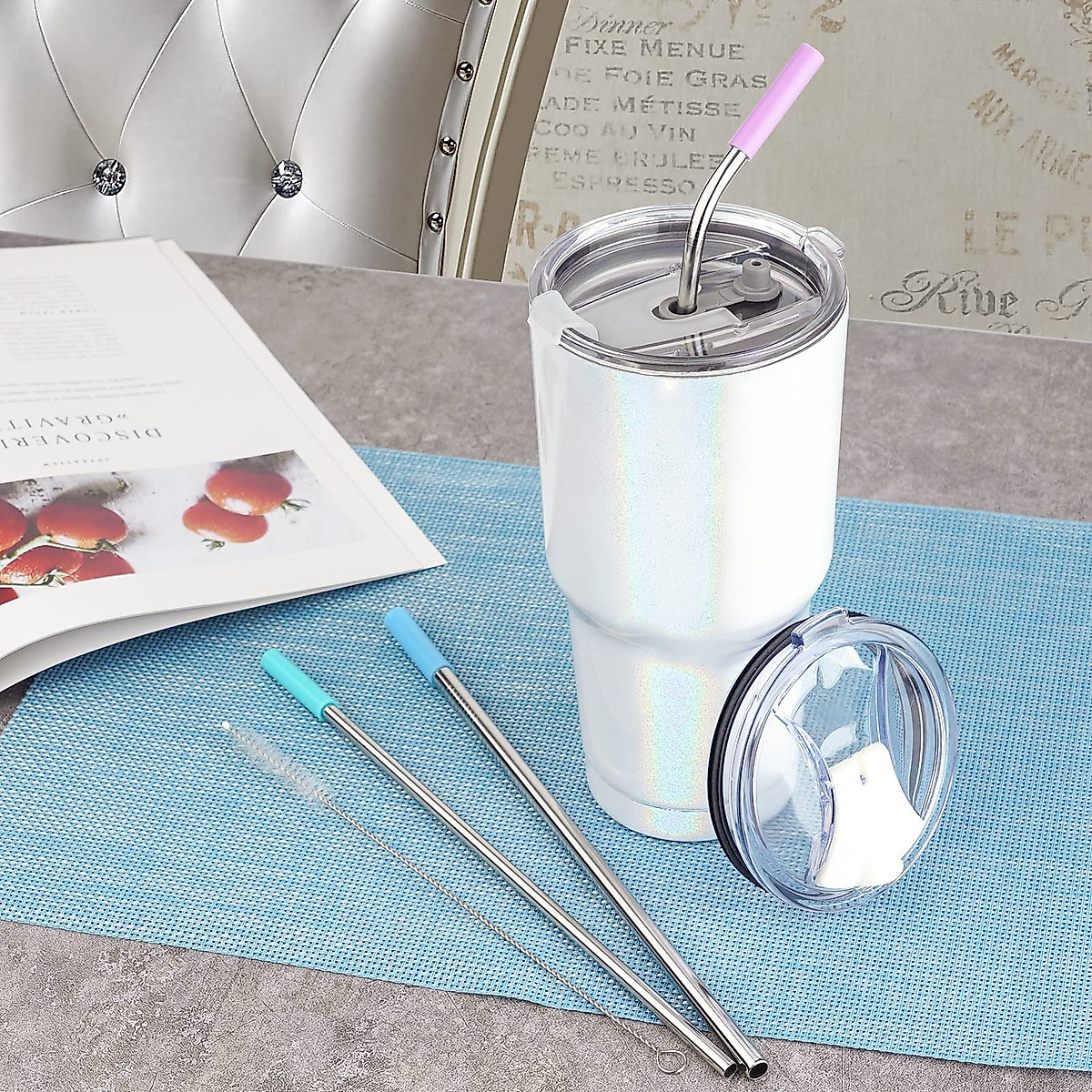 30 oz Tumbler with Lids and Straws,18/8 Stainless Steel Vacuum Insulated Tumbler,Insulated Coffee Mug Water Cup with Leak-Proof Straw Lid & Flip Lid,3 Metal Straws,1 Cleaning Brush(Sparkle White)