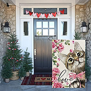 CROWNED BEAUTY Valentines Day Cat Garden Flag 12x18 Inch Double Sided for Outside, Pink Roses Love Yard CF687-12