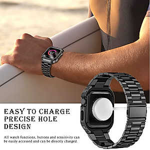 MioHHR Stainless Steel Band and Case Compatible with Apple Watch Band 45mm, Men Metal Protective Bumper Cover for iWatch Series 9/8/7, Black