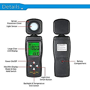 Digital Lux Meter, Illuminometer, Photometer, 0～200,000 Lux Measure Range, Lux/FC Unit Selection for Homes, Agriculture, Warehouses, Farms, Stage, Stadiums(Battery NOT Included)