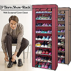 Mekek Shoe Rack Closet, 9 Tier Shoe Rack Organizer - Portable Row Shoe Rack Shelf Cabinet Tower for Closet with Nonwoven Fabric Cover (Red Wine)