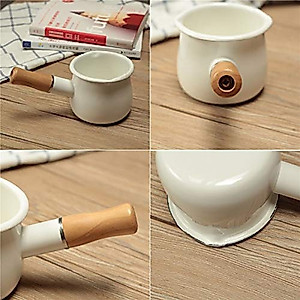 YumCute Home Enamel Milk Pan, Mini Butter Warmer 4 Inch 550ml Enamelware Saucepan Milk Warmer Small Cookware with Wooden Handle, Perfect Size for Heating Smaller Liquid Portions. (White)