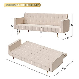 OUYESSIR Velvet Futon Sofa Bed with 2 Pillows, Convertible Futon Couch, Sturdy Sleeper Sofa in 71 inch, Small Futon Sofas (Beige)