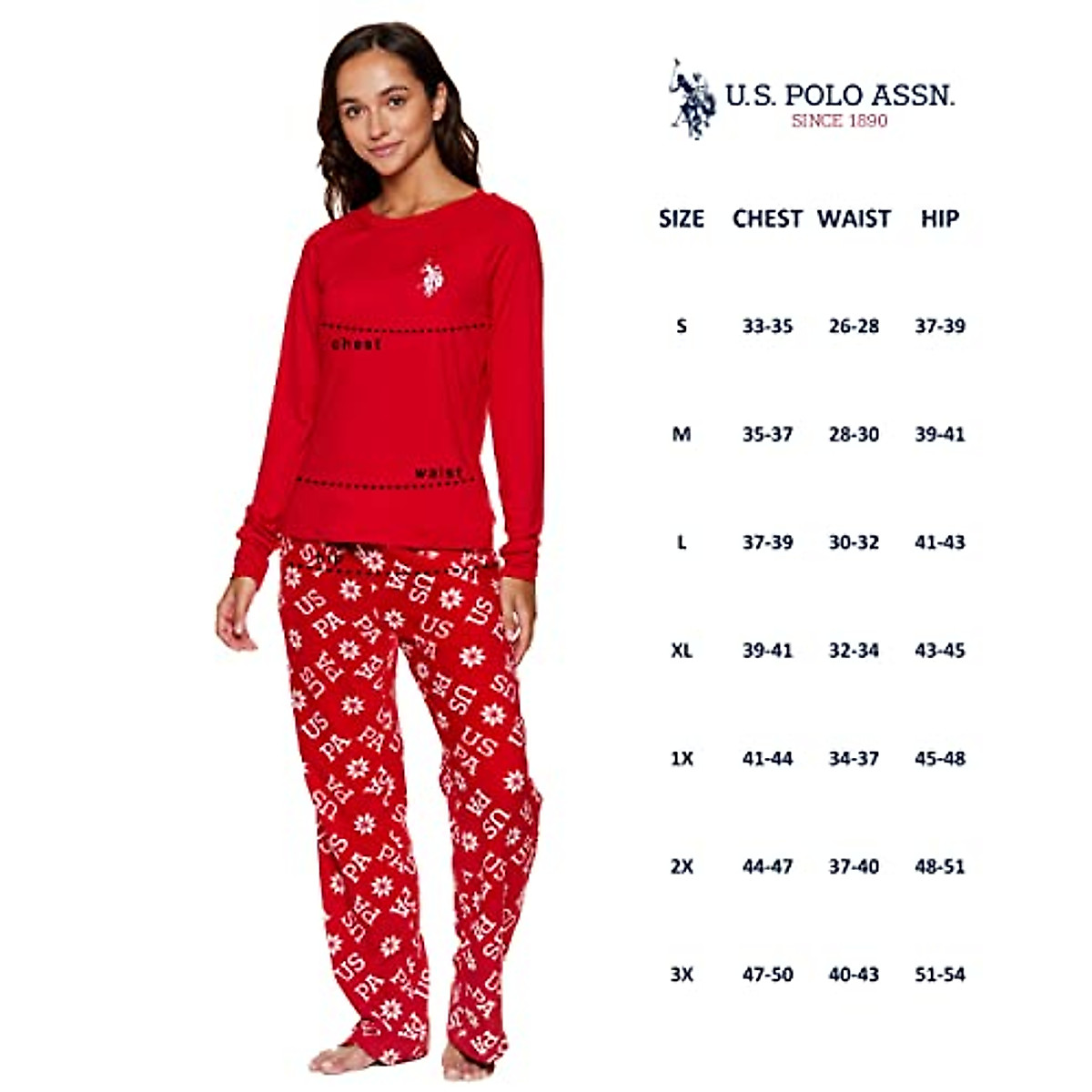 U.S. Polo Assn. 2-Piece Pajamas for Women Set, Long Sleeve PJ Sets for Women, Ladies Sleepwear (Red, Large)
