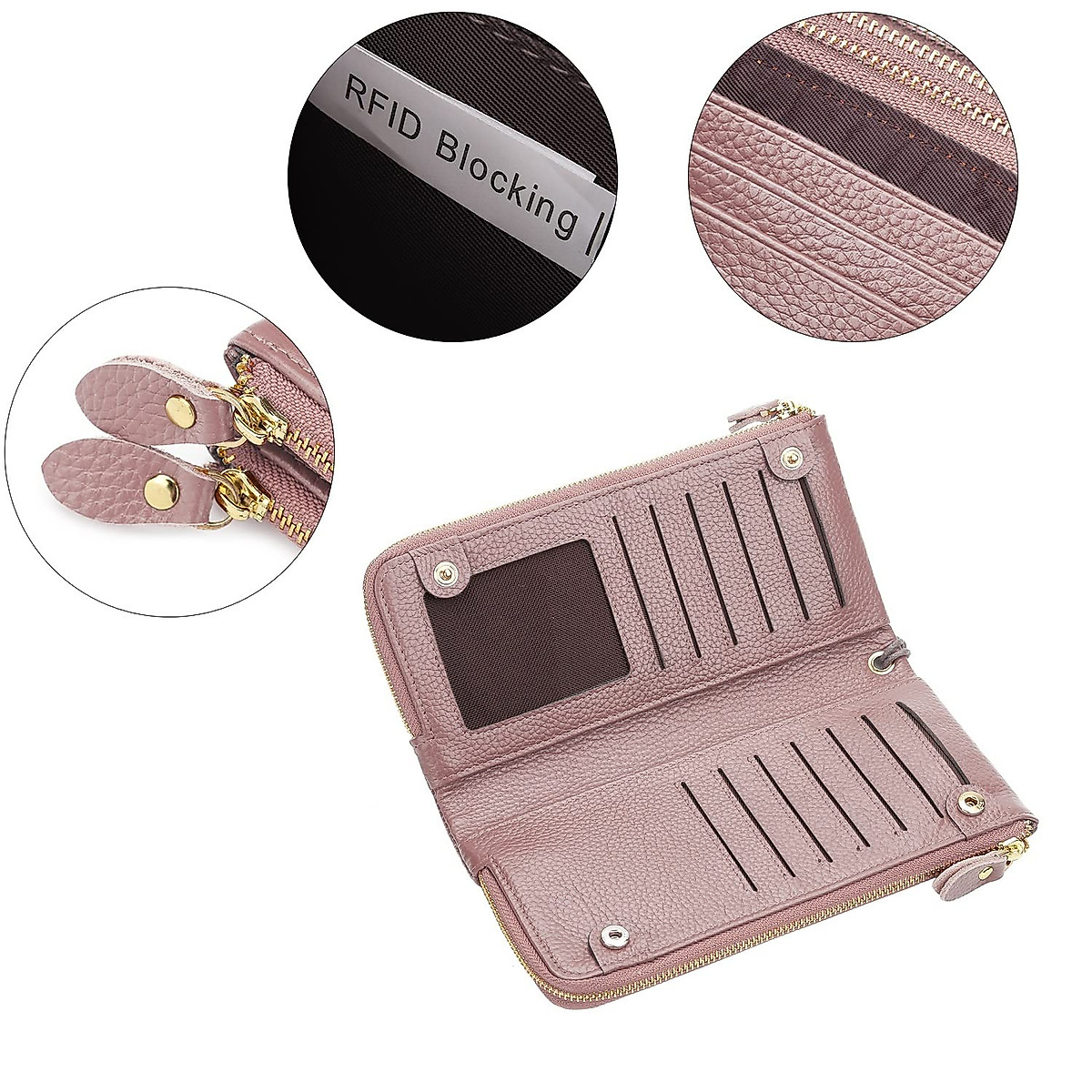 YALUXE Women's Genuien Leather Wristlet Wallets with Multi Card Slots Double Zipper Pocket