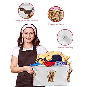 Storage Basket Highland Cattle Yak Cow with Flower Storage Bin with Handles, Animal Art on White Collapsible Organizer Storage Cubes Bins for Closet, Laundry Clothes, Bathroom, Nursery Toys