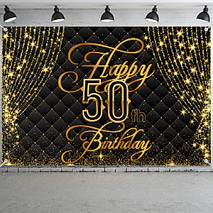 Happy 50th Birthday Banner Backdrop Royal Curtain Decorations Black Gold Background 50 Years Old Bday for Women Men Photography Party Decor Supplies