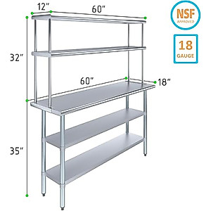 Express KitchQuip Stainless Steel Work Table with 2 Shelves | Metal Kitchen Prep Table & Shelving Combo (18" x 60" Table with 2 Shelves + 12" Overshelf)