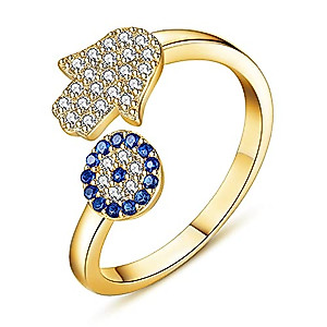 SLOONG Evil Eye Hamsa Hand Ring 14k Gold Plated Third Eye White Zircon Gemstone Blue Cz for Womens (Gold)