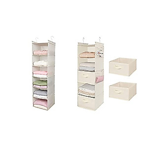 MAX Houser 6 Tier Shelf Hanging Closet Organizer and 5 Tier Shelf Hanging Closet Organizer, Closet Hanging Shelf with 2 Sturdy Hooks for Storage, Foldable,Beige and Beige-D2