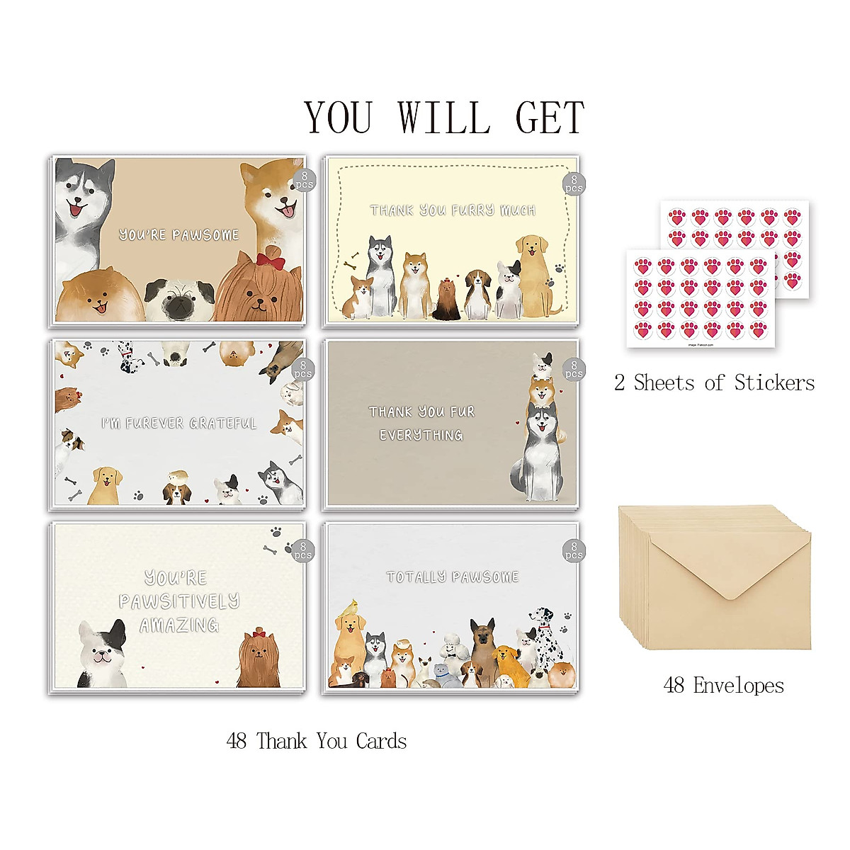 48 Dog Thank You Card Set, Dog Pun Note Cards Pack with Envelopes, Puppy Greeting Notecards Bulk, Cute Boxed Assortment Quip Cards for Gratitude, Recognition, Appreciation, 4 x 6 in