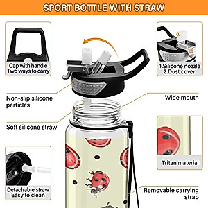 Wusikd Ladybug Water Bottle Tritan BPA-Free Drink and Straw Leakproof Motivational Yellow Drinking Water Bottles with Carrying Strap for Office, Gym, Outdoor Sports