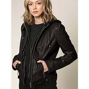Lock and Love LL WJC1044 Womens Faux Leather Quilted Motorcycle Jacket with Hoodie L BLACK