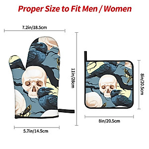 EZDNAGP 4pcs Oven Mitts and Pot Holders Sets Oven Kitchen Gloves Hot Pads for Cooking BBQ Baking Grilling - Raven Skull Bird Death Butterfly