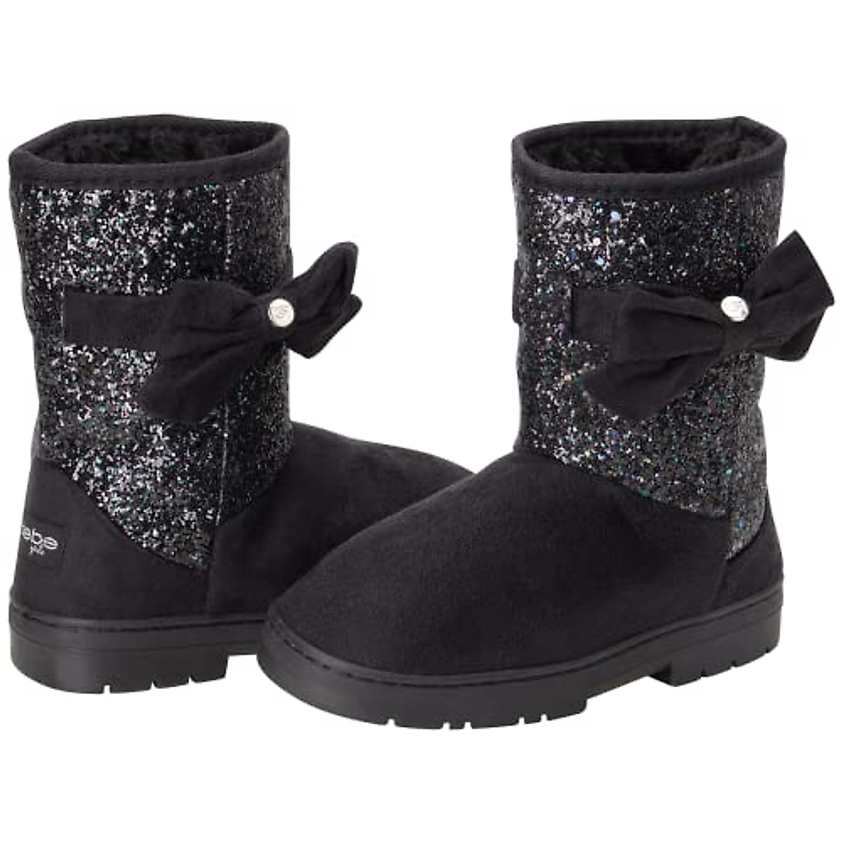 bebe Girls Winter Micro Suede Boots with Rhinestone Embellished Logo & Bow, Black Glitter, Size 2 Little Kid