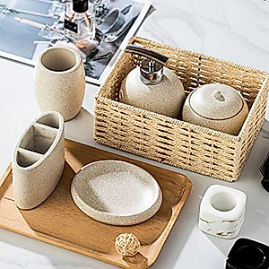 Artchirly 5 Piece Bath Accessory Set for Vanity Countertops,White Sandstone Color,Made of Cement Luxury Ensemble Dish,Lotion Dispenser,Soap Dish,Tooth Mug,Toothbrush Holder and Storage Can (5)