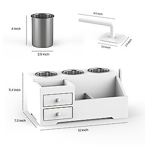 FINECLICK Hair Tool Organizer, Wood Hair Dryer and Styling Stand, Bathroom Countertop Blow Dryer & Flat/Curling Iron Holder with Drawers, Vanity Caddy Storage for Toiletries, Accessories & Makeup