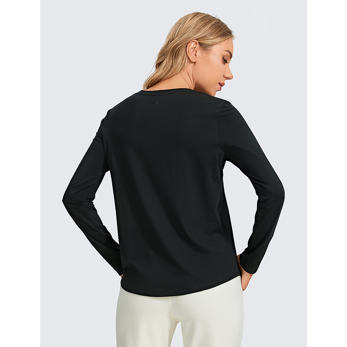 CRZ YOGA Pima Cotton Workout Long Sleeve Shirts for Women Athletic Crewneck Yoga Casual Tops Plain T-Shirt Black X-Small