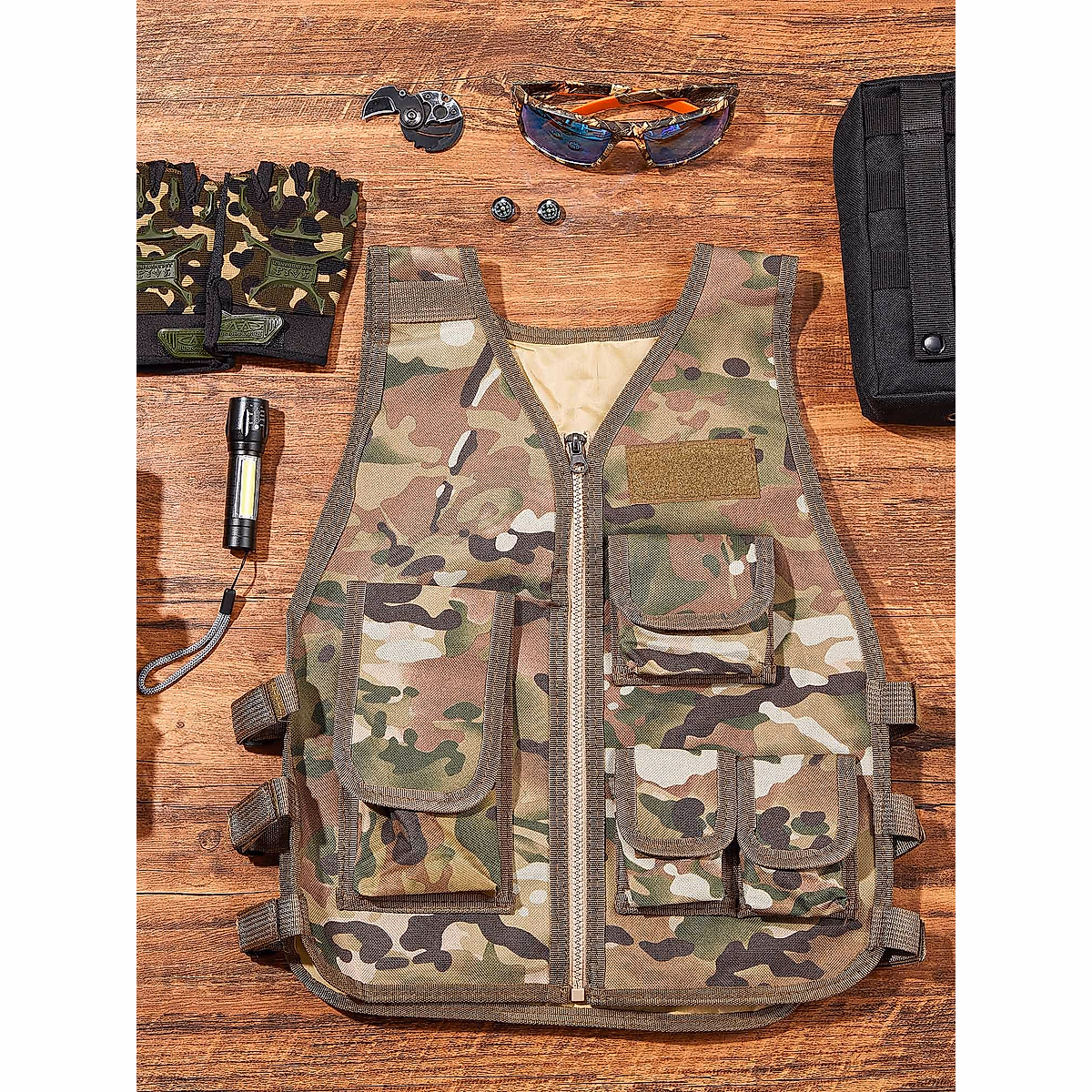 SATINIOR Kids Tactical Vest Army Combat Vest Outdoor with Half Finger Fingerless Short Gloves Breathable (Camouflage Style)