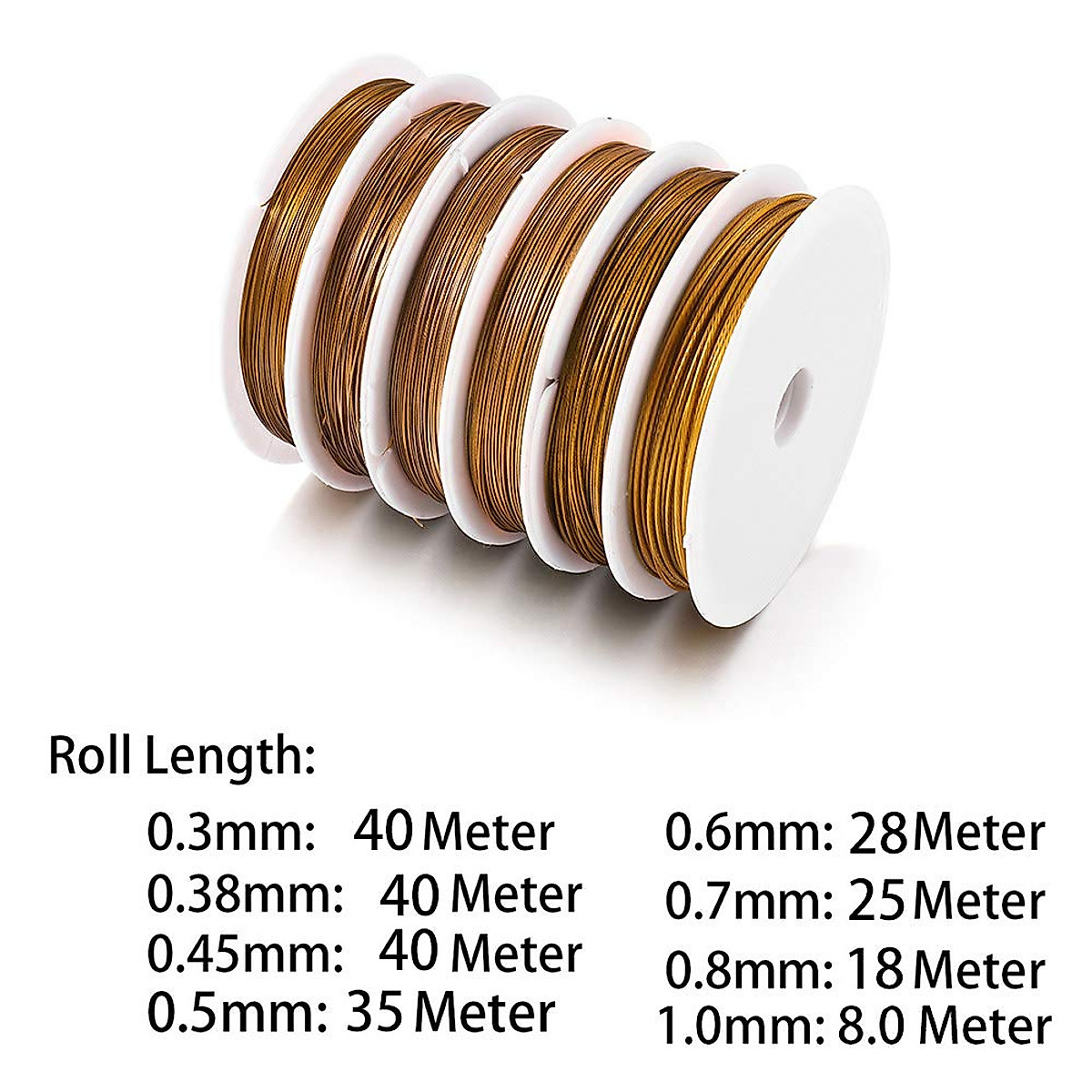 1 Roll/lot 0.3-1.0mm Bead Stringing Wire,Anti-bite Wear Resistant Strong Line Stainless Steel Tiger Tail Beading Wire for DIY Jewelry Making Finding (Gold Steel Wire, 0.6mm-92 feet/28m)