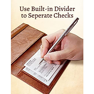 Yarnic Checkbook Cover for Personal Checkbook, Checkbook Holder with Pen Holder & Built-in Clear Plastic Divider for Duplicate Checks (Brown)