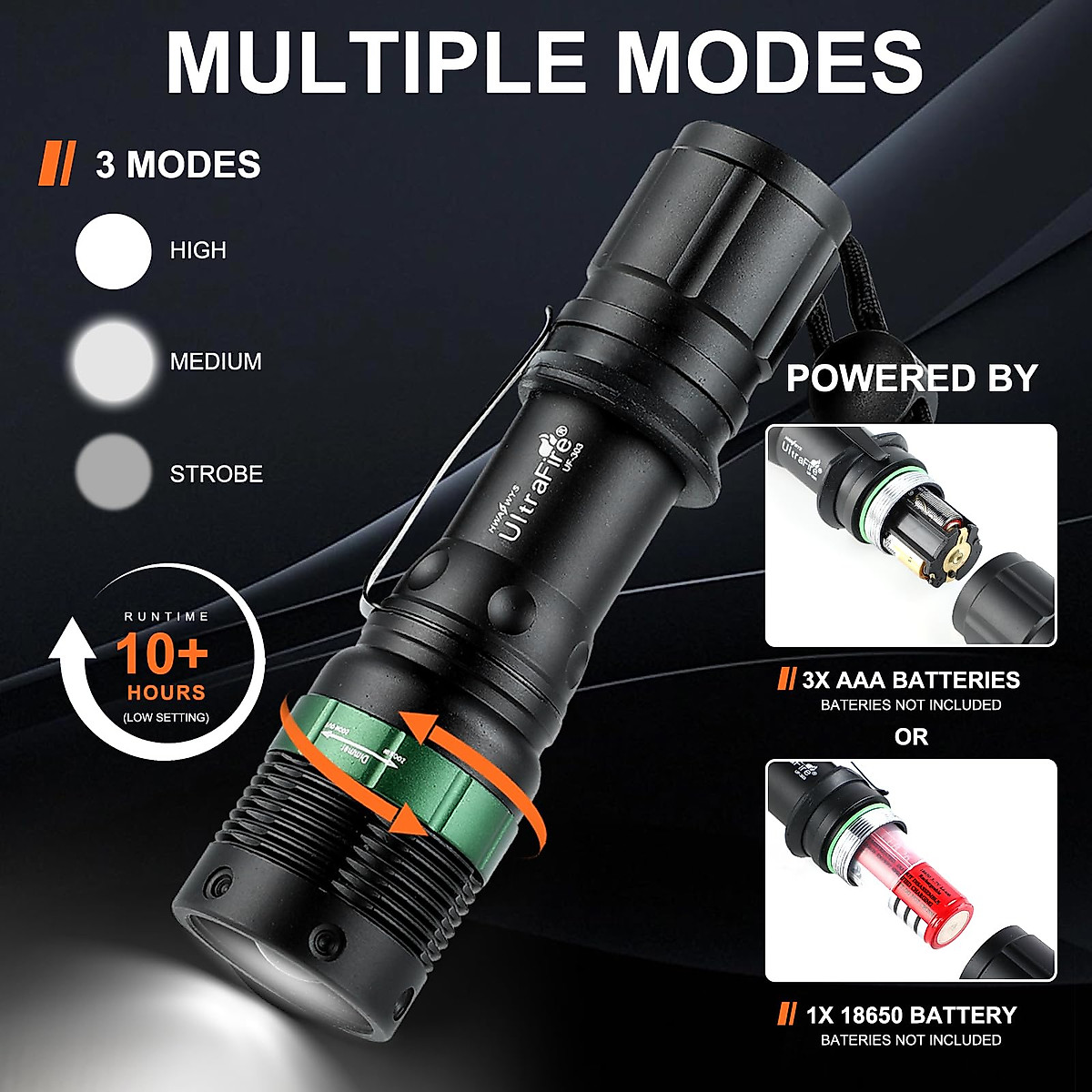 UltraFire 11-Inch Signal Traffic Wand LED Flashlight with Strobe Mode, Wrist Strap Lanyard, 250 Lumens, Orange Finish