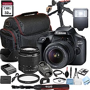 Canon EOS 4000D DSLR Camera with 18-55mm f/3.5-5.6 Zoom Lens,32GB Memory, Case,Tripod w/Hand Grip and More(28pc Bundle) (Renewed)