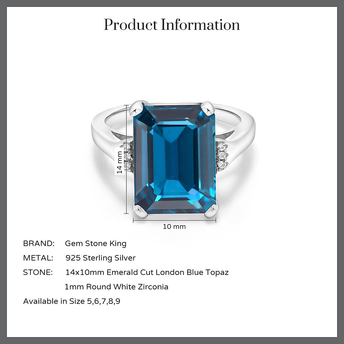 Gem Stone King 925 Sterling Silver London Blue Topaz With Accent Stone Engagement Ring For Women (9.57 Cttw, Emerald Cut 14X10MM, Gemstone Birthstone, Available in size 5, 6, 7, 8, 9)