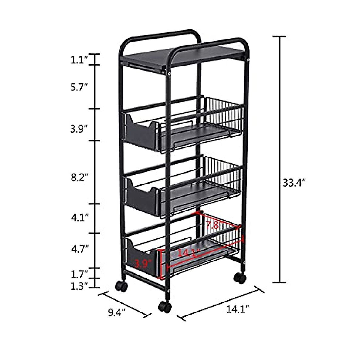 Slim Storage Cart 4 Tier - Rolling Storage Cart with Drawers and Wheels for Narrow Bathroom Storage, Rolling Metal Utility Shelving Cart for Kitchen Bathroom Laundry, Living Room (Black)