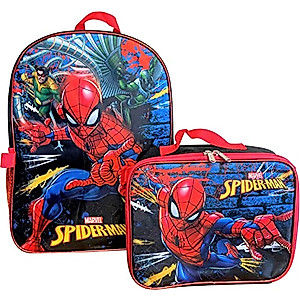 Ruz Spiderman Boys 16 Inch Backpack With Removable Matching Lunch Box Set (Black-Red)