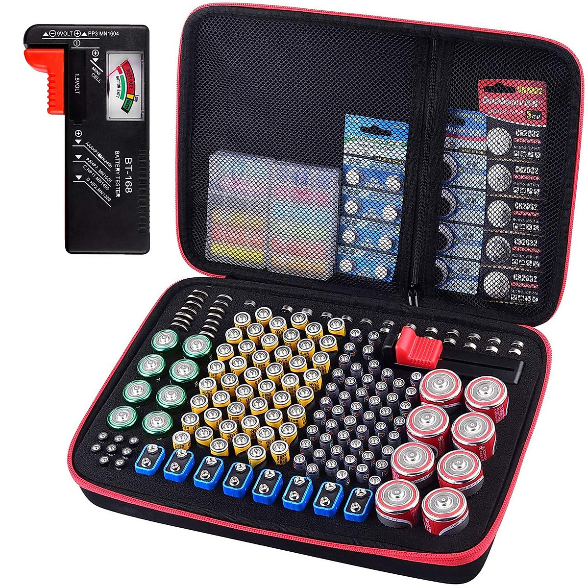 2 Pcs Battery Organizer Holder- Batteries Storage Containers Box Case with Tester Checker BT-168. Garage Organization Holds 225 Batteries AA AAA C D Cell 9V 3V Lithium LR44 CR2 CR1632 CR2032