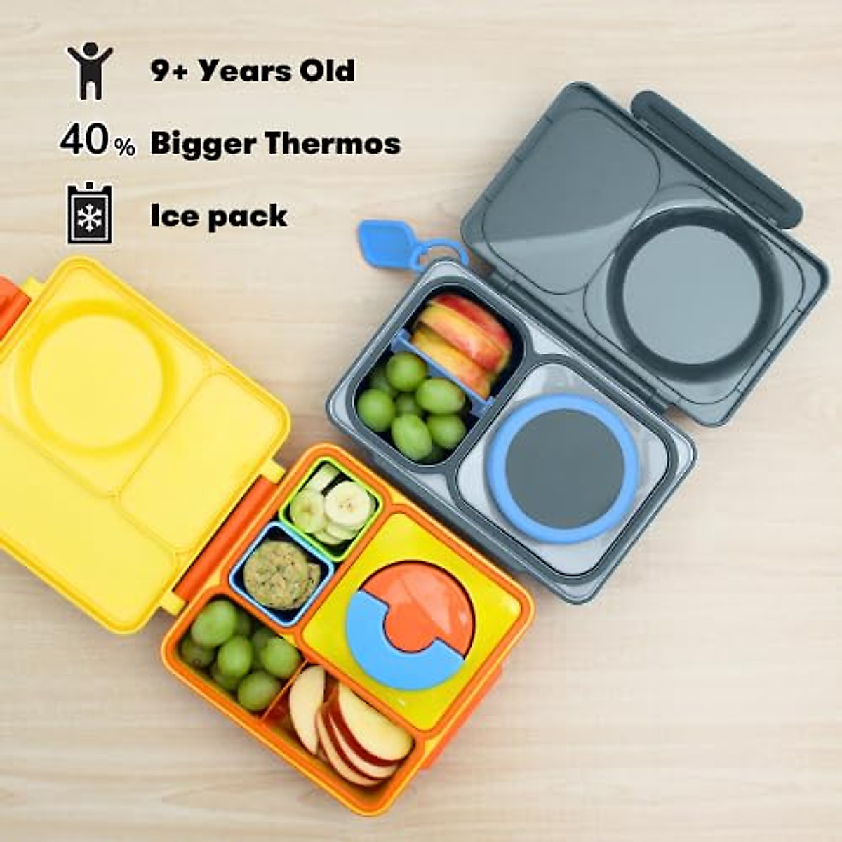 OmieBox UP bento Box for Kids | Insulated Lunch Box | Leak Proof Thermos Food jar | Cooler ice Pack | 2 Compartments (Graphite)