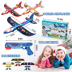 3 Pack Foam Airplane Launcher Toy with 3 DIY Stickers, 12.6" Glider Led Plane, Catapult Plane Boy Toys, Outdoor Sport Flying Toys for Kids Birthday Gifts for 4 5 6 7 8 9 10 11 12 Year Old Boys Girls