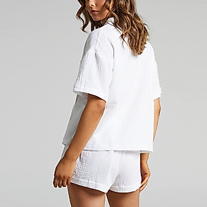 Flygo Womens Casual 2 Piece Outfits Cotton Linen Sets Button Down Shirt Shorts Resort Wear 2024 Pajama Beach Set(White-XS)