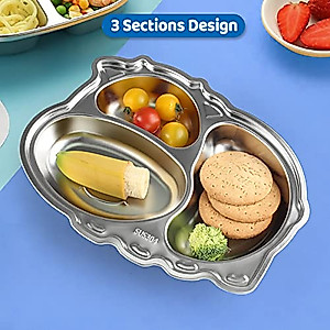 HOLIPOT 304 Stainless Steel Divided Plates, Food-Grade Toddlers Babies Kids Tray, 1300 Ml Toddler Plates with Suction, Self Feeding Training Kids Plates,Fits for Most High chairs Trays(Hippo)