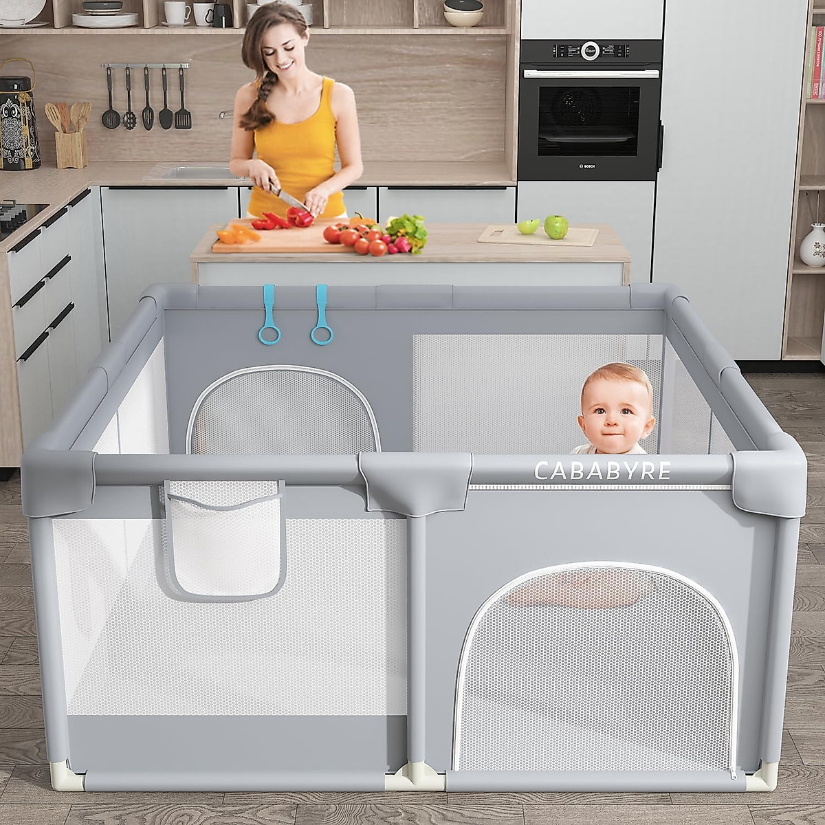 CABABYRE Baby Playpen, 59”×59”×27” Play Pens for Babies and Toddlers, Large Baby Play Yards with Gate, Kids Activity Center for Indoor&Ooutdoor, Baby Fence with Non-Slip Base and Portable Bag (Black)