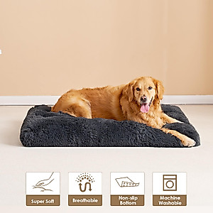 EHEYCIGA Fluffy Dog Crate Pad, Plush Faux Fur Dog Bed for Extra Large Dogs, Calming Anti Anxiety XL Dog Bed for Crate, Washable Soft Warm Dog Crate Mat with Non-Slip Bottom, Dark Grey