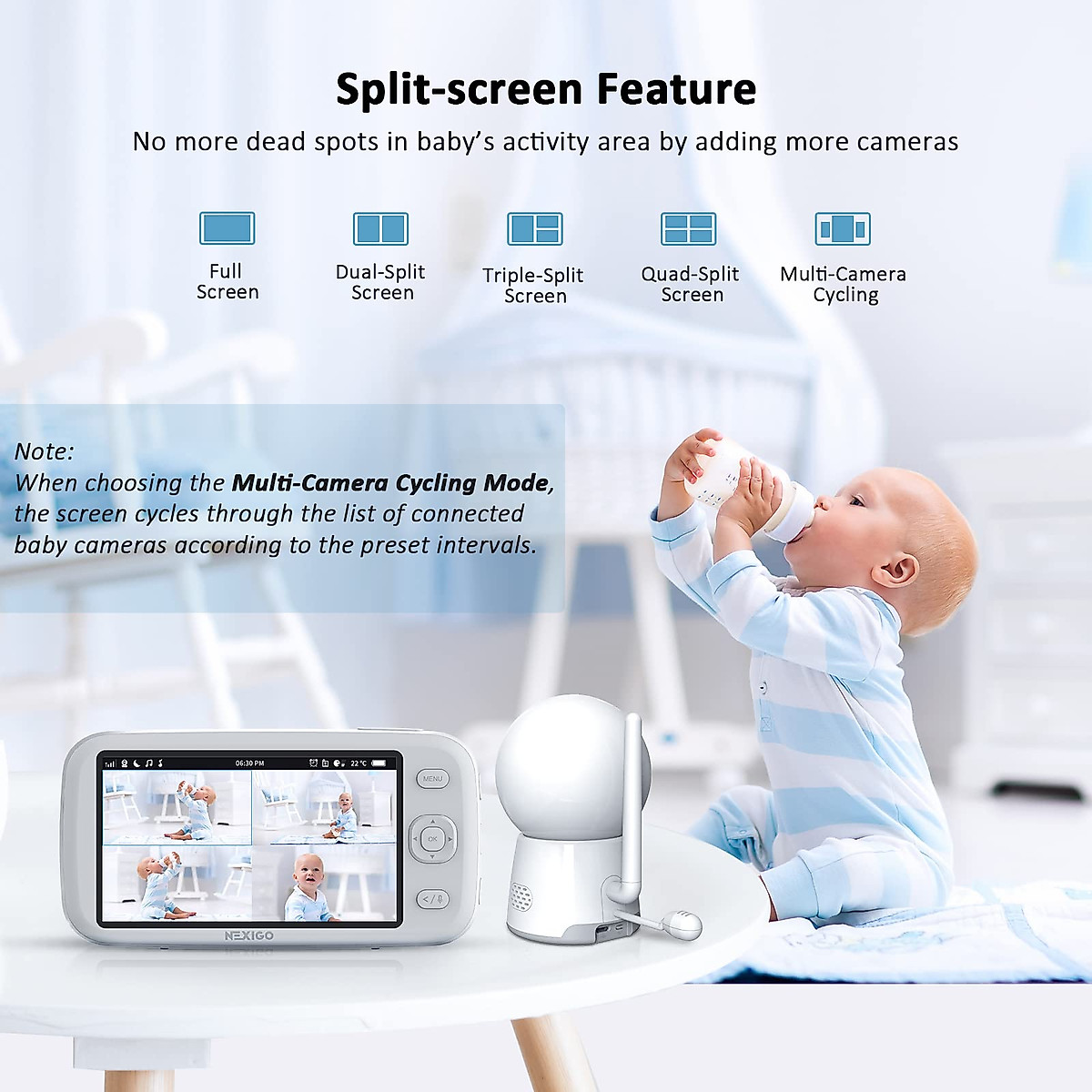 NexiGo Video Baby Monitor with Camera and Audio, 5 Inch Split IPS Screen, Support Up to 4 Cameras, 2-Way Audio, Pan-Tilt-Zoom, 4800mAh Battery, Temperature Detection, Night Vision, 2 Pack (White)