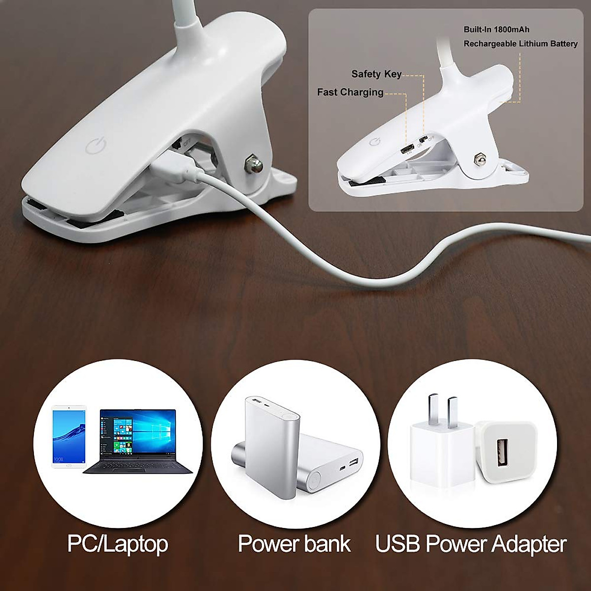 Clip-on Reading Light for Bed - Amber Book Read Light Rechargeable 5 Brightness Desk Light Clamp Lamp, Touch Control Dimmable Lamp with Flexible Neck, Gentle Night Light(White)