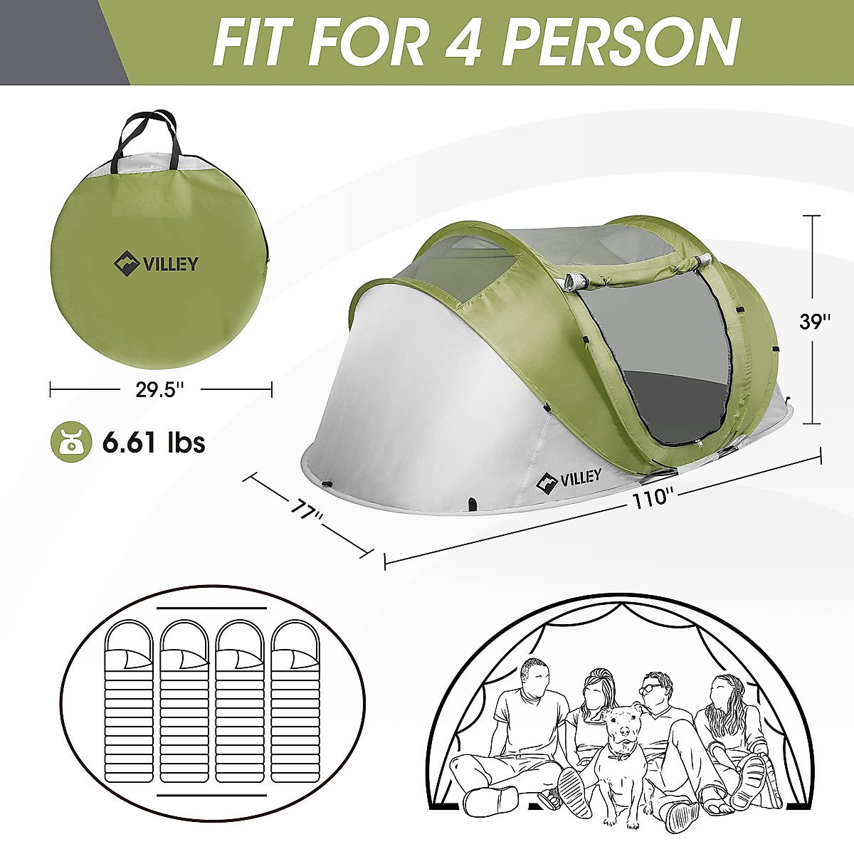 VILLEY 4-Person Easy Pop Up Tent, Waterproof Automatic Setup Instant Lightweight Camping Beach Tent with Carrying Bag for Camping, Hiking & Traveling - Green